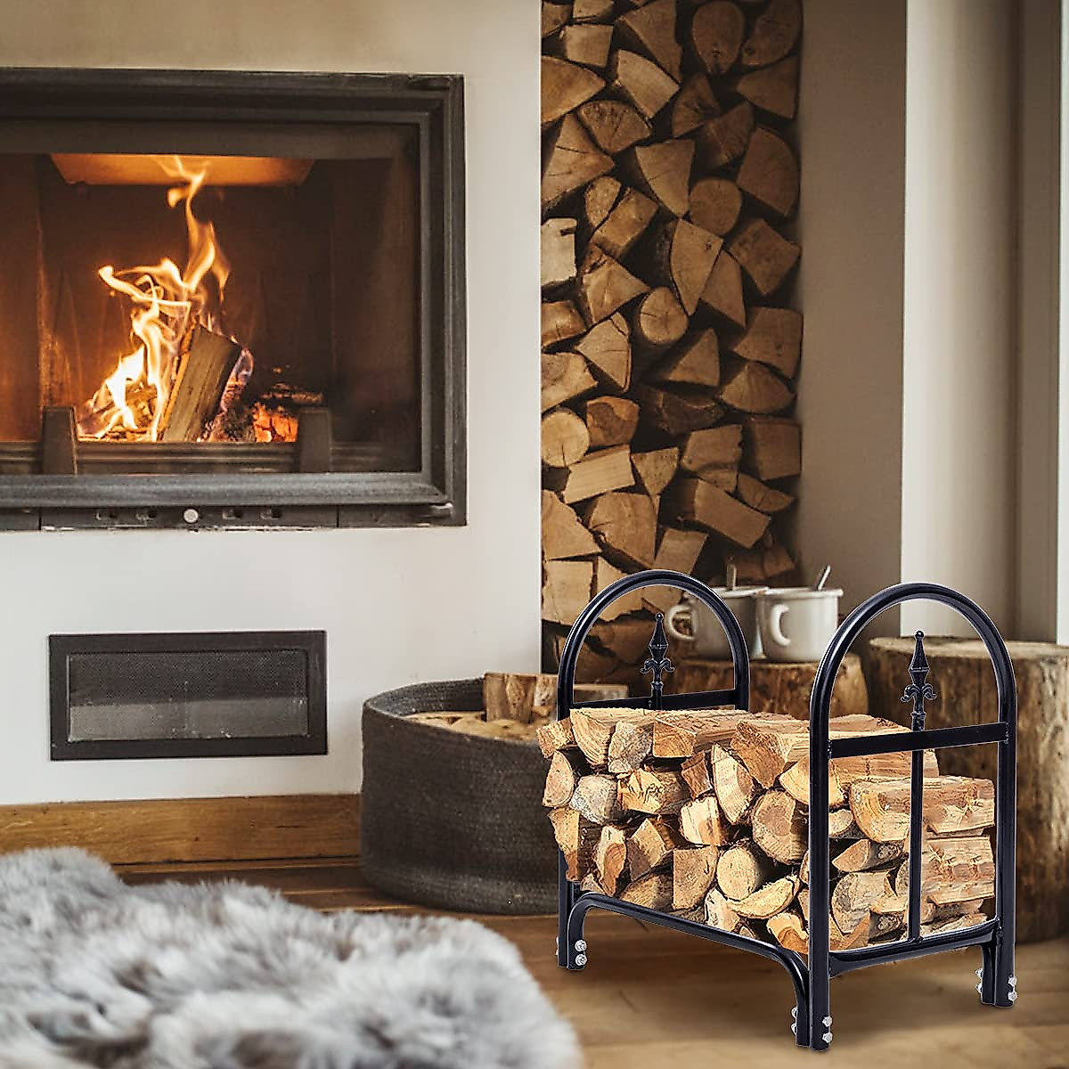 Happytools Firewood Rack, 24 Inch Fireplace Wood Storage Stand for Indoor and Outdoor, Heavy Duty Steel Fire Log Stacker Holder for Stove Fire Pit Fireplace (Single Head, 2 FT) Black