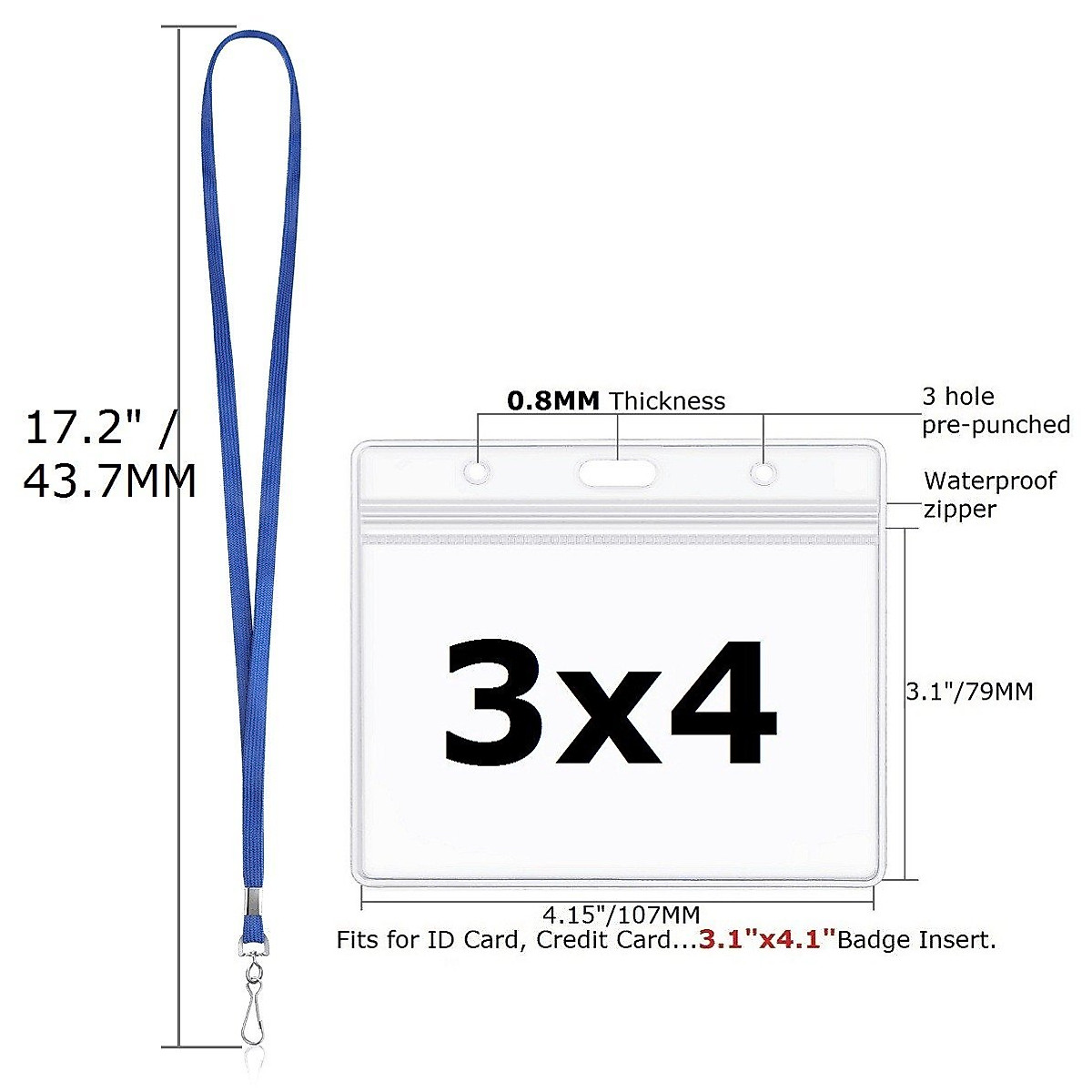 Nametag Badge Holders with Lanyard 3x4 Horizontal Badge Holder Waterproof PVC ID Cards by ZHEGUI (Royal Blue, 100 Pack)