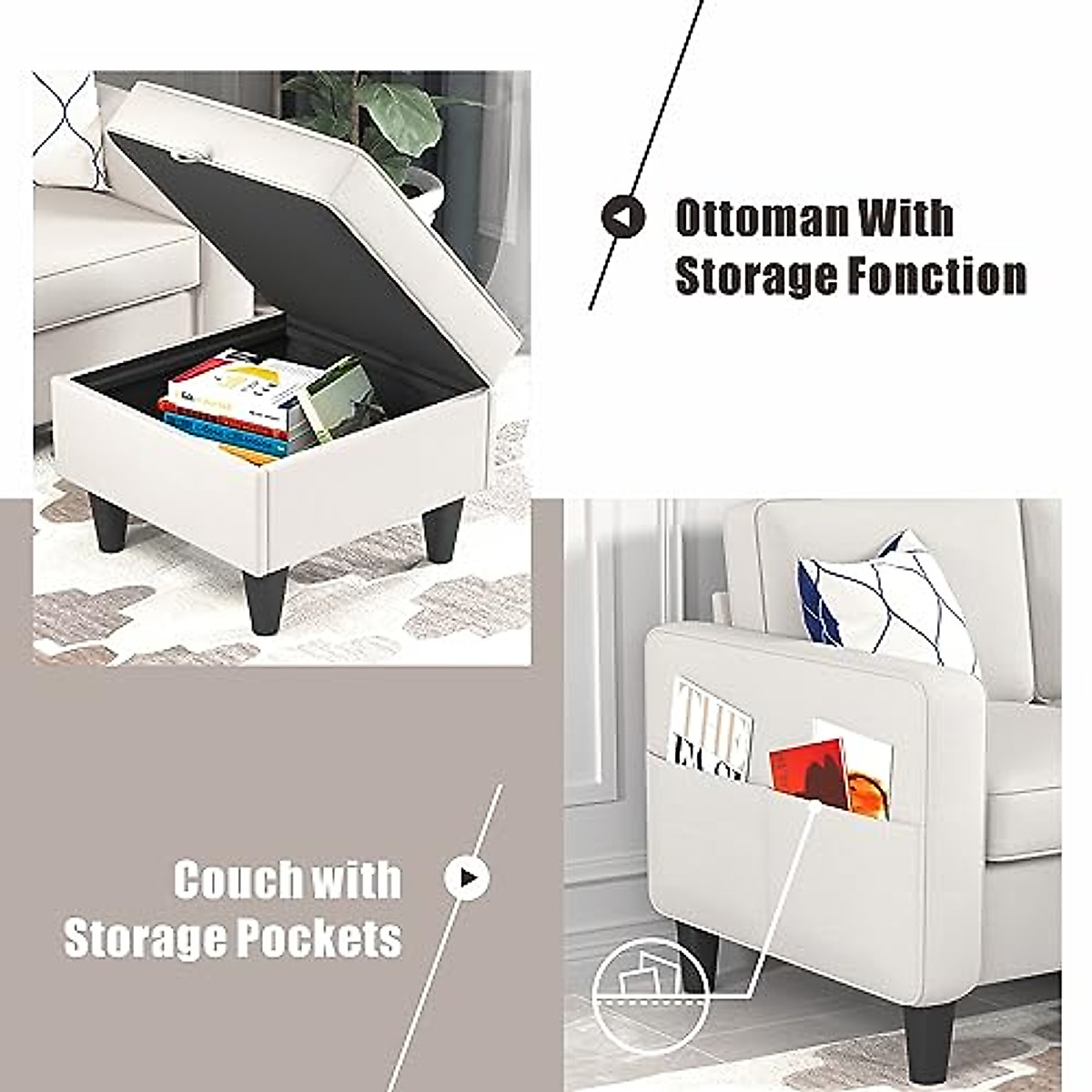 Sunrise Coast Sectional L Shaped Couches for Living Room 3 Seater Sofas with Movable Storage Ottoman, Beige