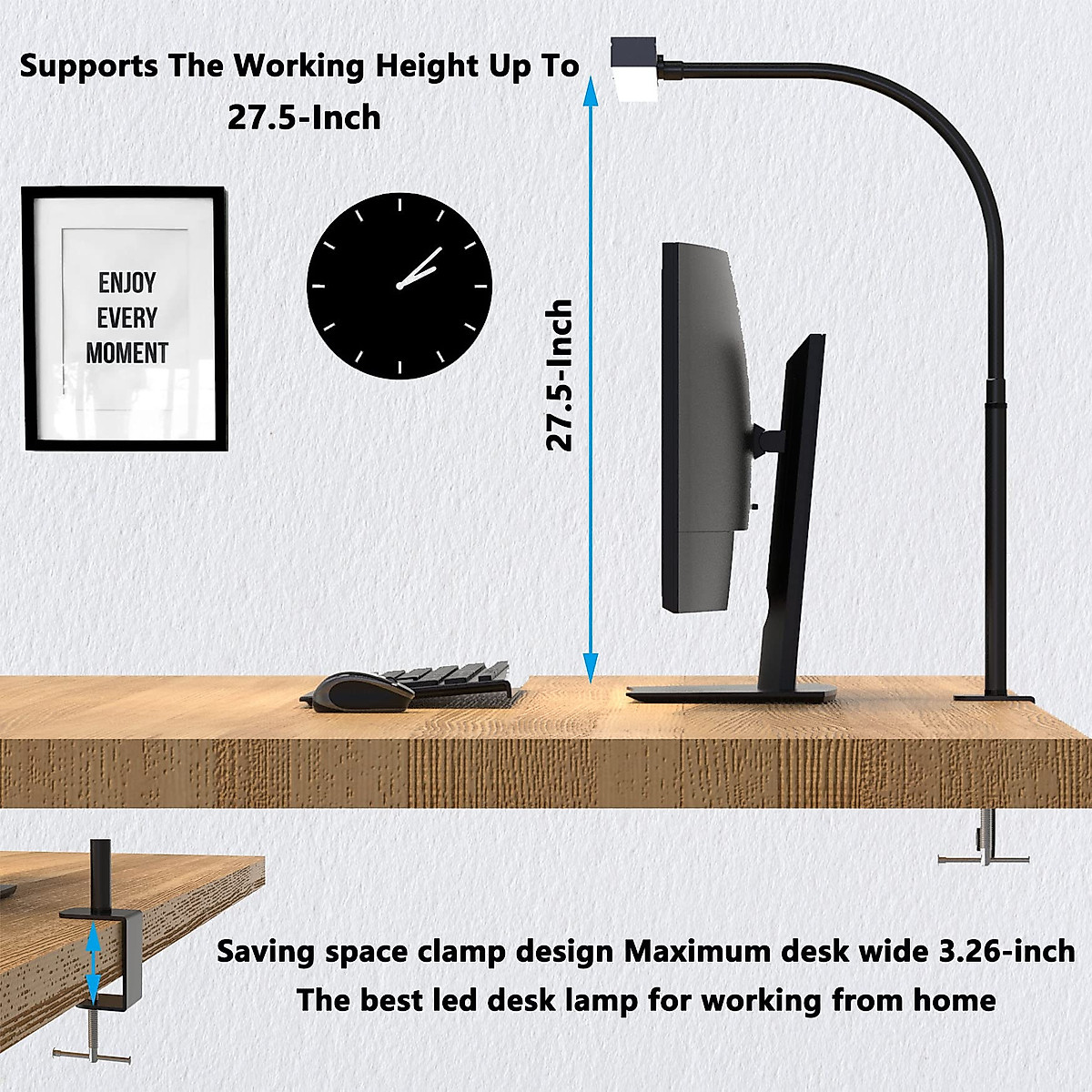 QIYISS LED Desk Lamp, Clamp Lamp with Flexible Gooseneck 360°Rotate,12W LED 3 Modes 5 Brightness, Timer，15.75" Wide Office Eye Protection Light 1100LM Large Bright Desk Lights with Stepless Dimming