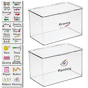 mDesign Small Plastic Stackable Lidded Craft Storage Box - Stacking Container Bin Tubs with Labels for Hobby, Crafts, and Organizing Art Supplies - 2 Bins + 32 Printed Labels - Clear