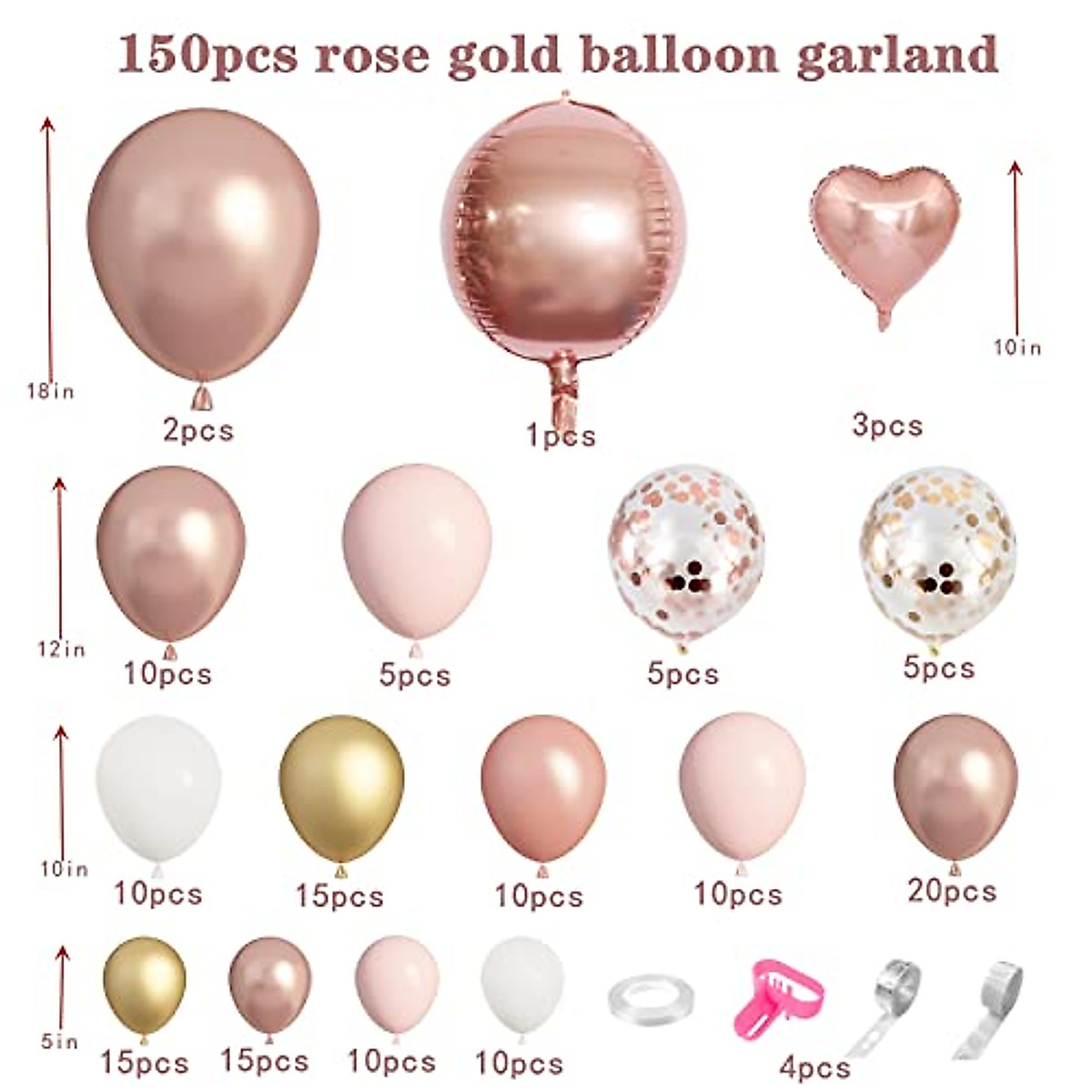 Amandir Rose Gold Balloons Garland Arch Kit, 150pcs Rose Gold Pink White Gold Confetti Latex Balloons for Bridal Wedding Birthday Girl Baby Shower Graduation Anniversary Bachelorette Party Decoration