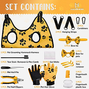 MAcosiness Pet Grooming Hammock for Nail Trimming - Complete Groomers Helper Set for Pet - Dog Grooming Hammock with Hook - Cat Nail Clipper - Dog Hammock for Nail Clipping (S, Gold with Black Paws)