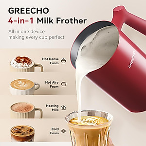 Milk Frother and Steamer, GREECHO 4 IN 1 Electric Milk Frother, 10.2oz/300ml Automatic Warm & Cold Milk Foamer for Coffee, Latte, Cappuccinos, Macchiato, Silent Operation & Automatic Shut-off (Red)