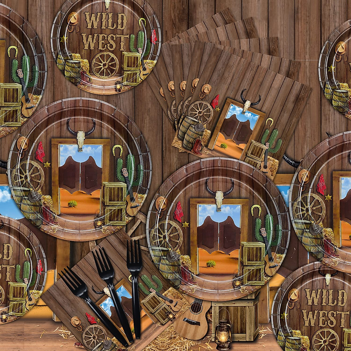 Hegbolke Western Party Decorations - 81 Pcs Plates, Napkins, Western Tablecloth, Black Forks Set for Western Birthday Party Decorations Western Party Supplies, Serve 20