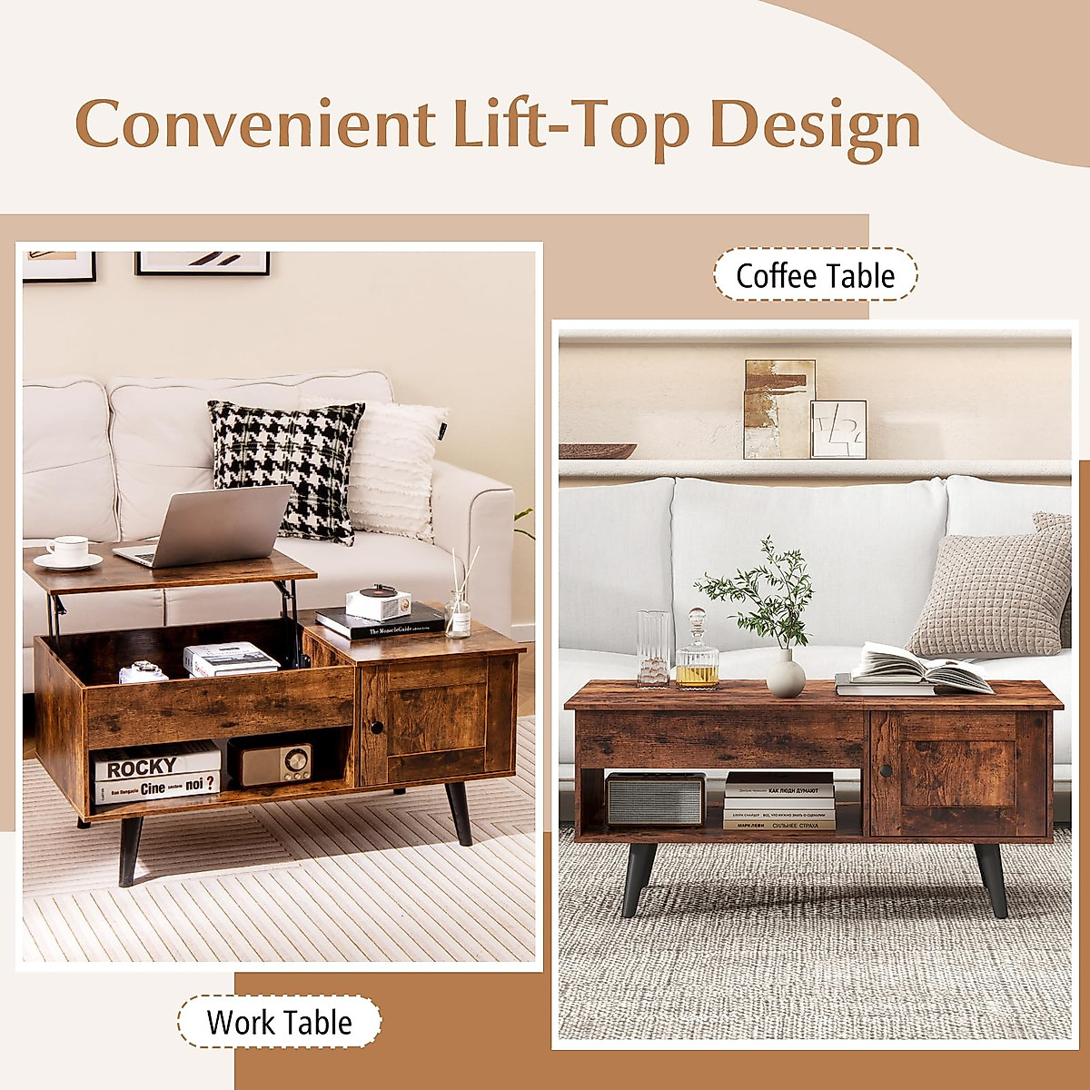 Tangkula Lift Top Coffee Table with Storage, Living Room Table with Hidden Compartment, Cabinet & Open Shelf, Flip Top Center Table, Pull up Coffee Table for Home, Office (Rustic Brown)