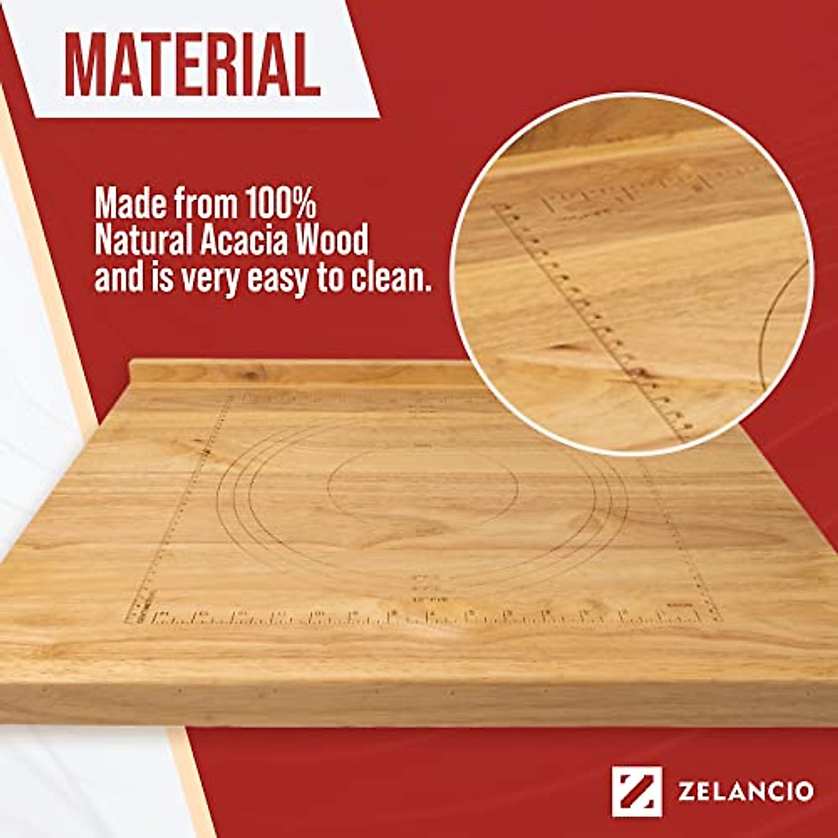 Zelancio Reversible Wooden Pastry Board - 24" x 20" Pastry Board with Engraved Ruler and Pie Board Template, Features Front and Back Counter Lip
