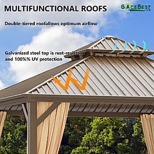 GAZEBEST 12x12 ft Hardtop Gazebo Outdoor Aluminum Patio Gazebo Double Roof Galvanized Steel Canopy with Netting and Curtains for Garden, Backyard,Deck and Lawns