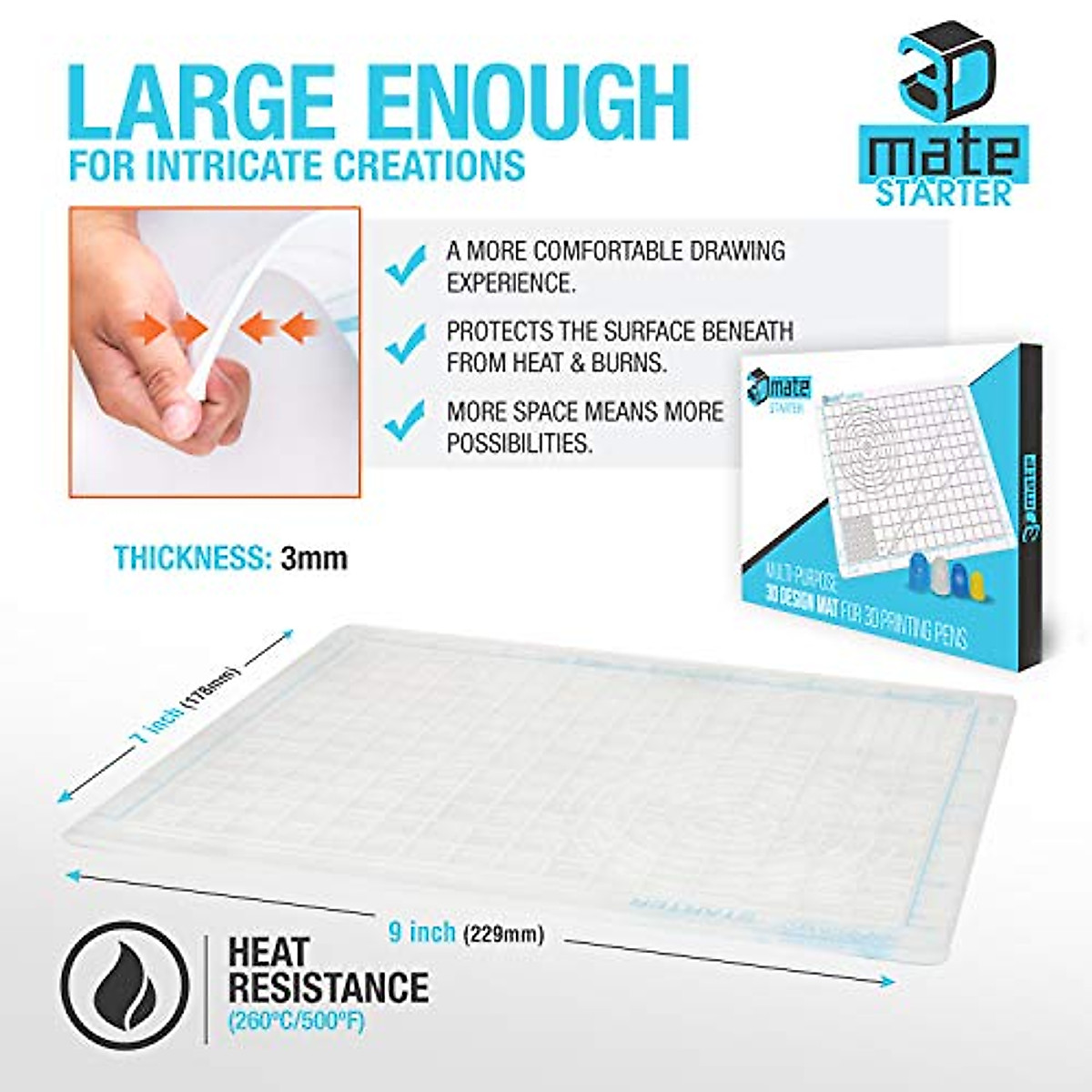 3Dmate Starter - Transparent 3D Pen Mat 9 x 7 Inches - Flexible Two-Sided Heat-Resistant Silicone - 3D Pen Accessories Compatible with Stencils - STEM Activity for Kids, Adults