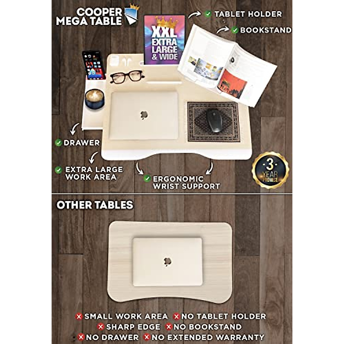 Cooper Mega Table Plus - Premium XXL Extra Large Lap Desk w/Book Stand | Multifunctional Folding Laptop Stand for Bed, Laptop Desk for Bed, Laptop Bed Stand, Laptop Bed Tray, Floor Desk (Black Onyx)