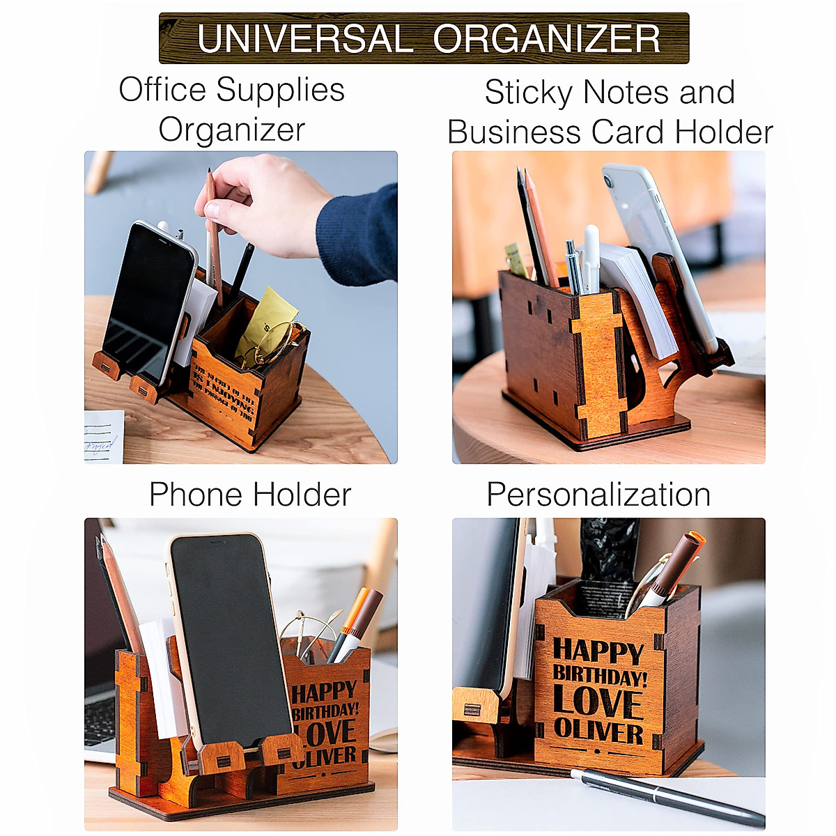 Personalized Wooden Pen Holder for Desk with Cell Phone Holder Wood Desk Organizer Pencil Holder Coworker Gifts Boss Leader Colleague Friends Office Organization Employee Appreciation Gifts