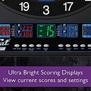 Fat Cat Electronx Electronic Dartboard Compact Size Over 35 Games with 167 Options Built-In Cabinet and Dart Storage for up to 12 Darts Auto Scoring LCD Display 8-Player Multiplayer and Soft Tip Darts