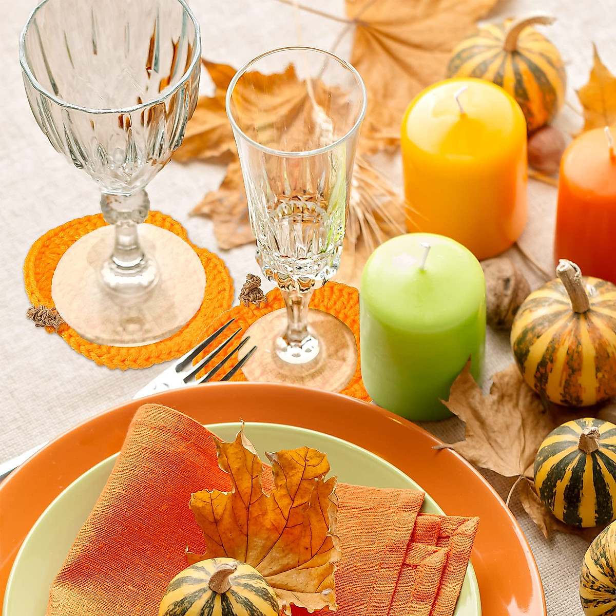 Crochet Pumpkins Coaster Handmade Knitted Drink Coaster Set Autumn Drink Cup Pad Mats Absorbent Bottle Mug Place Mats for Table Protection Fall Halloween Thanksgiving Themed Party Decoration (4 Pcs)