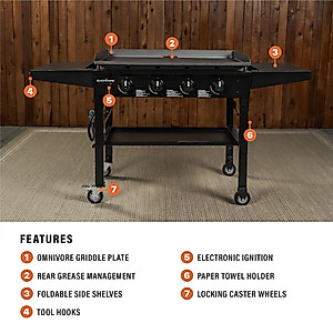 Blackstone 36 Inch Gas Griddle Cooking Station 4 Burner Flat Top Gas Grill Propane Fuelled Restaurant Grade Professional 36” Outdoor Griddle Station with Side Shelf (1554)