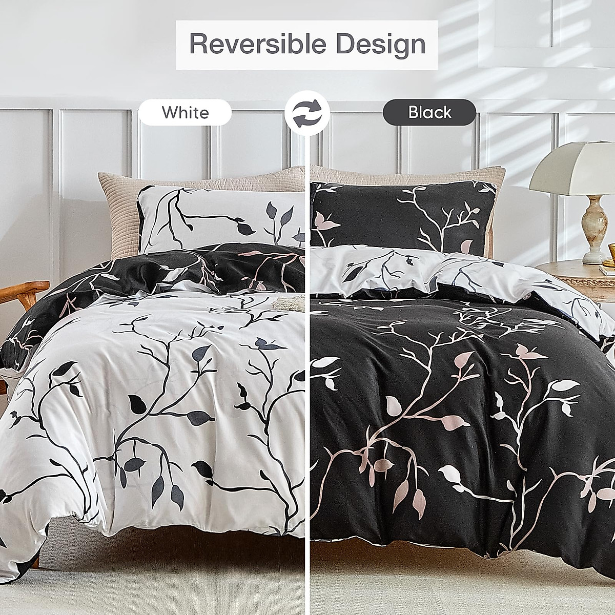 Lekesky Reversible Duvet Cover King Size, White Black Tree Branch Pattern Comforter Cover King 3pc Super Soft Microfiber Breathable Botanical Bedding Sets with Zipper Ties