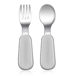 2 pcs Toddler Utensils, Stainless Steel Toddler Silverware Set with Round Handle, Baby Forks for Self Feeding, 1 Toddler Fork and 1 Toddler Spoon, BPA Free