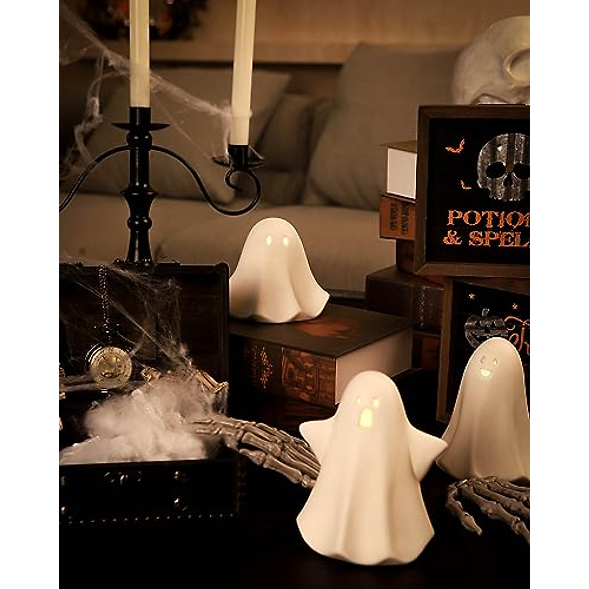 DN DECONATION Cute Ceramic Light Up Ghost Decor, 3PCS Ghost Halloween Decor White Spooky Sculptures, Small Led Ghost Figurines for Indoor Halloween Party Desk Tabletop Centerpieces Decoration