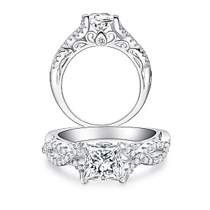 ZLAEBL 1.6 Carat (ctw) Vintage Love Engagement Rings for Women Split Shank Platinum Plated 925 Sterling Silver Moissanite Promise Rings for Her Princess Cut Simulated Ring Gifts,7