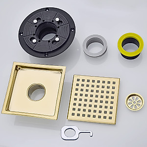 Swhyger 6 Inch Square Shower Floor Drain Brushed Brass with Flange,SUS304 Stainless Steel Gold Shower Drain Cover with Quadrato Pattern Grate Removable Hair Strainer,98738BG6-S.