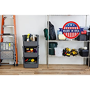 Mighty Tuff Large Stackable Storage Bins, Pack of 3, Easy-Access Storage, Large Easy-To-Grip Handles, Wide Front Opening, Interlocking, Stack Vertically, Cool Grey