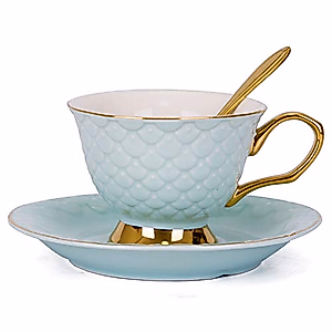 VanEnjoy Blue Vintage 8 Ounces Porcelain Coffee Cup, Tea Cup and Saucer Set and Saucer with Decorative Scale Pattern, vintage
