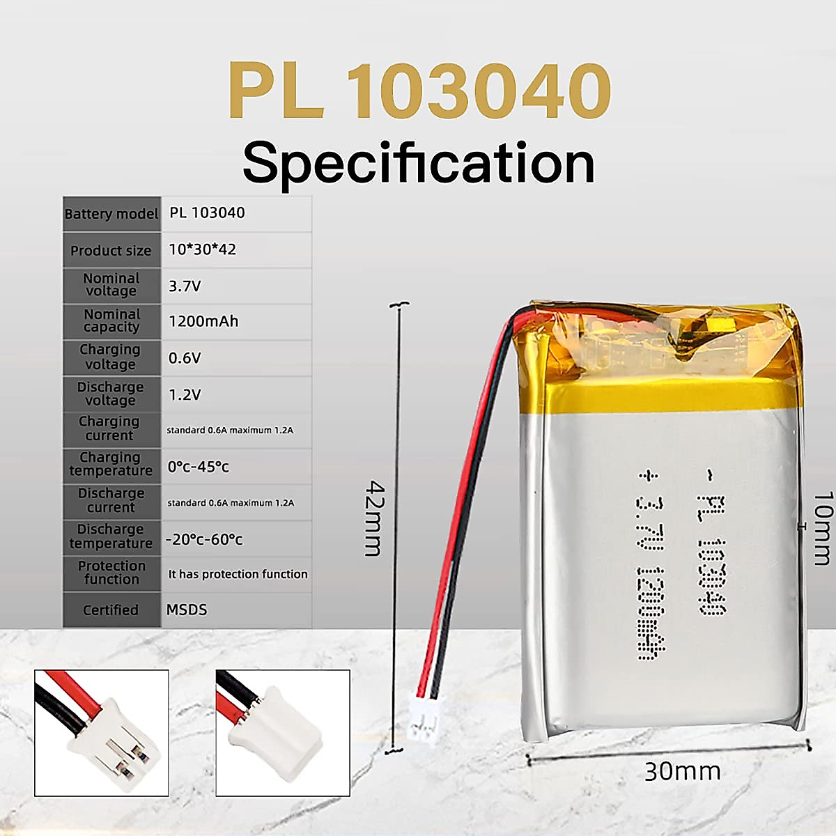 YDL 3.7V 1200mAh 103040 Lipo Battery Rechargeable Lithium Polymer ion Battery Pack with PH2.0mm JST Connector