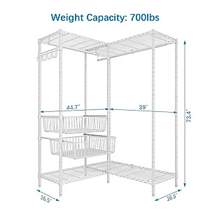 VIPEK L9 L Shape Garment Rack Heavy Duty Clothing Rack with 4 Adjustable Shelves & Slid Baskets, Freestanding Clothes Rack Metal Wardrobe Closet Rack, 44.6"L x 39"W x 73.4"H, Max Load 700LBS, White
