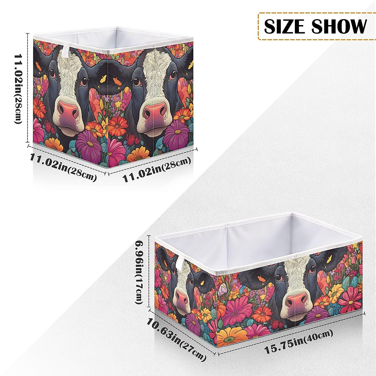Vnurnrn Collapsible Storage Cube Beautiful Cow in Flower Print, Organizing Baskets with Support Board for Shelf Closet Cabinet 11×11×11 in