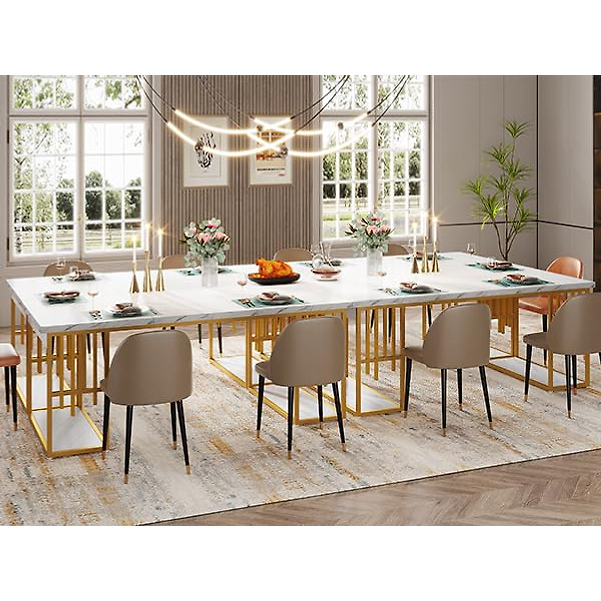 Tribesigns 70.9" Dining Table for 6-8, Long Modern Kitchen Table with Storage, Large Rectangular Dinner Table for Kitchen, Dining & Living Room, White Faux Marble Top & Gold Metal Frame, Easy Assembly