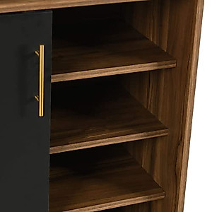 Alohappy Shoe Cabinet, 4-Tier Shoe Rack Storage Organizer with Sliding Doors & Wood Legs, Modern Shoe Storage Cabinet with Opening Shelf for Hallway Entryway Living Room Bathroom (Walnut& Black)