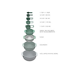 Joseph Joseph Nest 9 Plus, 9 Piece Compact Food Preparation Set with Mixing Bowls, Measuring cups, Sieve and Colander, Editions Range, Polypropylene, Stainless steel, Sage Green