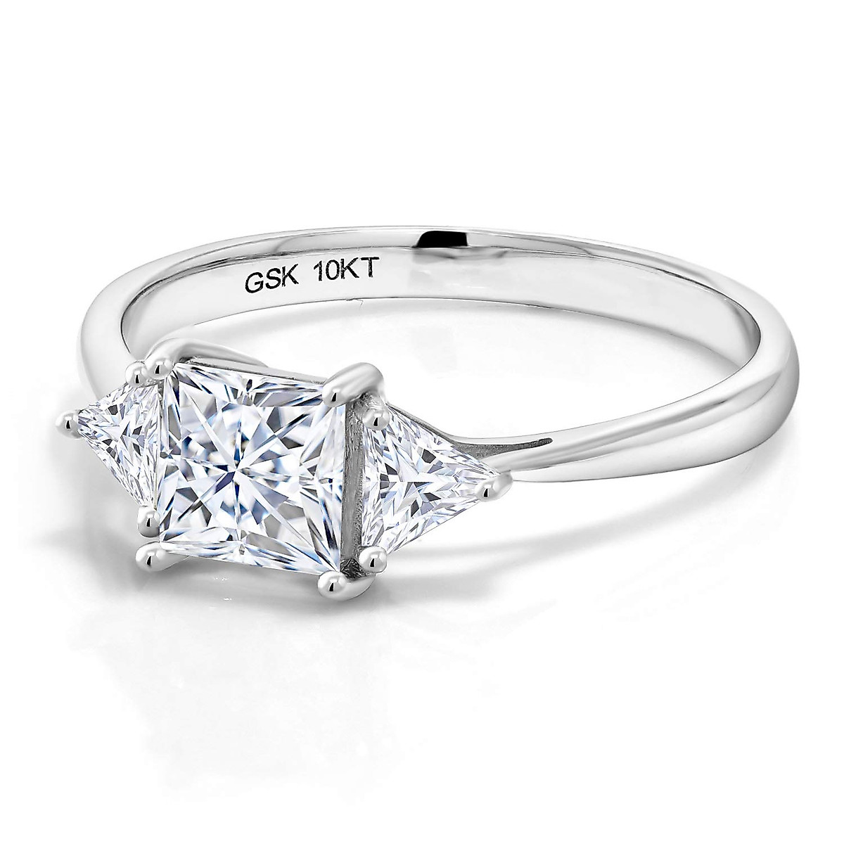 Gem Stone King 10K White Gold White Moissanite Engagement Ring | 1.12 Cttw | Princess Center 5MM | Trillion 3.5MM | 3 Stone Wedding Anniversary Promise Ring For Women (Size 7)