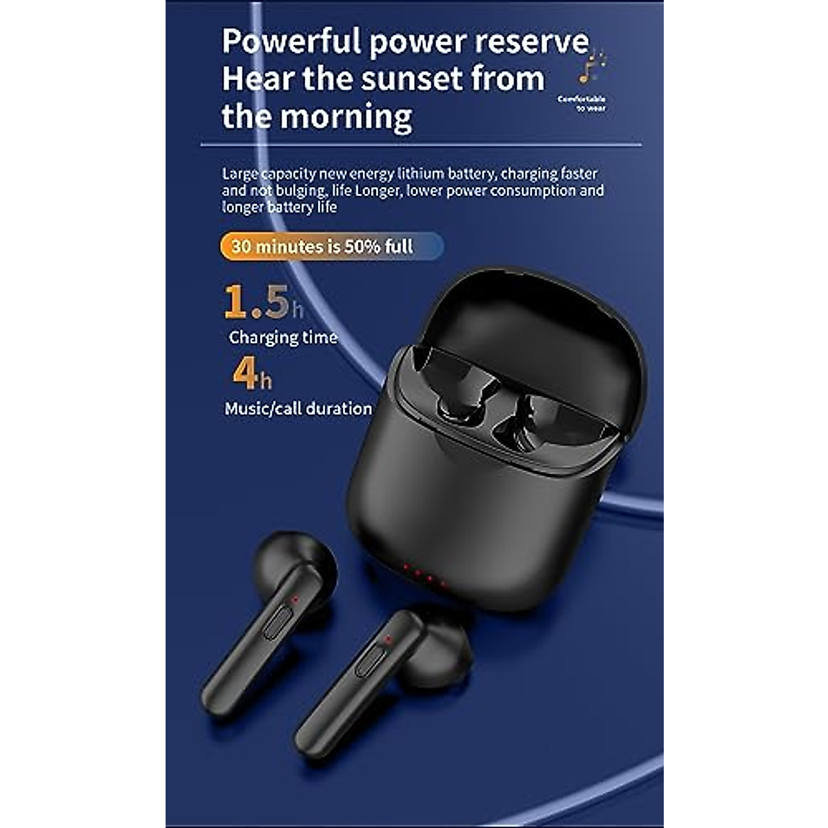 WesTch True Wireless Earbuds Bluetooth 5.3 Headphones Button Control with Wireless Charging Case IPX4 Waterproof Stereo Earphones Half in-Ear Built-in Mic Headsets (Black)