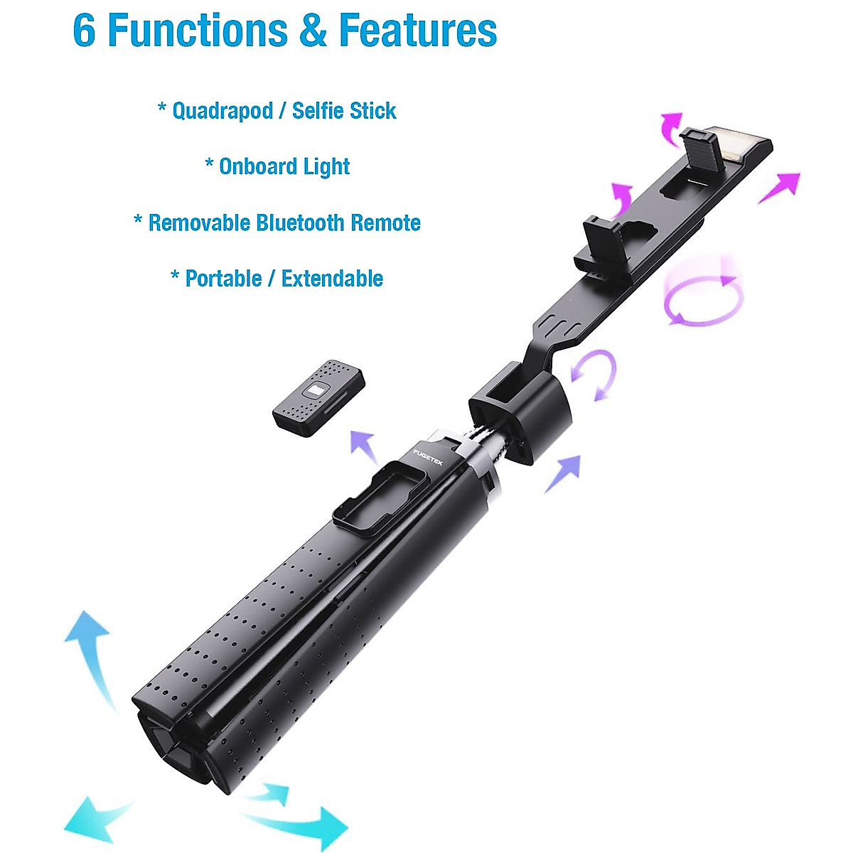 Fugetek 40'' Quadrapod Lighted Selfie Stick Stand, Lightweight 7oz, Wireless Bluetooth Remote, Patented Ultra Stable 4 Legs, 3 Onboard Light Modes, Compatible with iPhone & Android (Black)