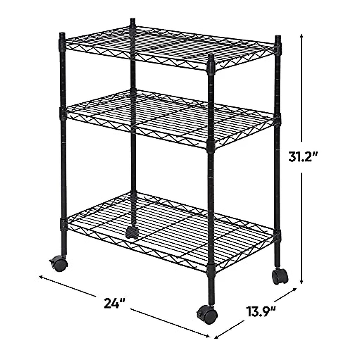 SUPER DEAL 3-Shelf Adjustable Heavy Duty Storage Wire Shelving Unit with Wheels, Metal Organizer Wire Rack Microwave Utility Cart, Black (24L x 14W x 31H)