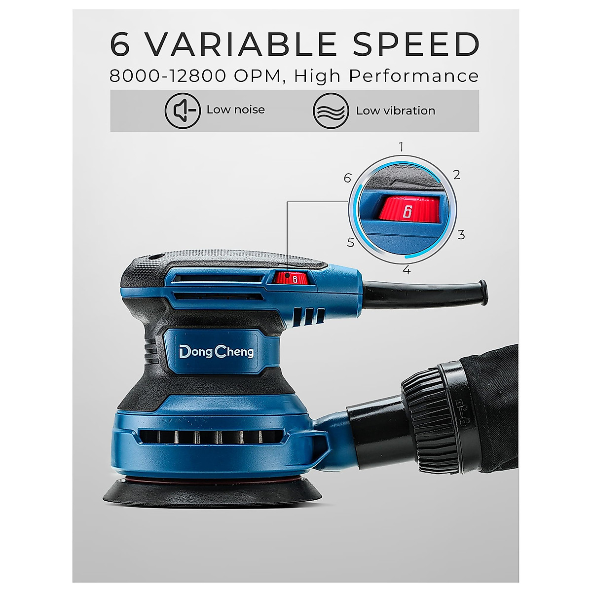 Dong Cheng 5-Inch Random Orbital Sander 380W 12800OPM Electric Palm Sander, 6 Variable Speeds, with 20pcs Sandpaper & Detachable Dust Bag, Power Sander for Woodworking, Sanding & Polishing