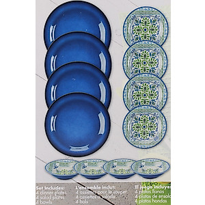Melamine 12 Piece Dinnerware Set (Blue & Green) - Suitable Indoors and Outdoors