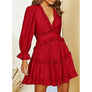 Dokotoo Women's Cute Summer Summer Spring Casual Sexy Deep V Neck Ruffle Chiffon Lantern Bell Sleeve Elegant Boho Hawaiian Flowy Mini Short Skirt Dresses for Women Party 2025 Red X-Large