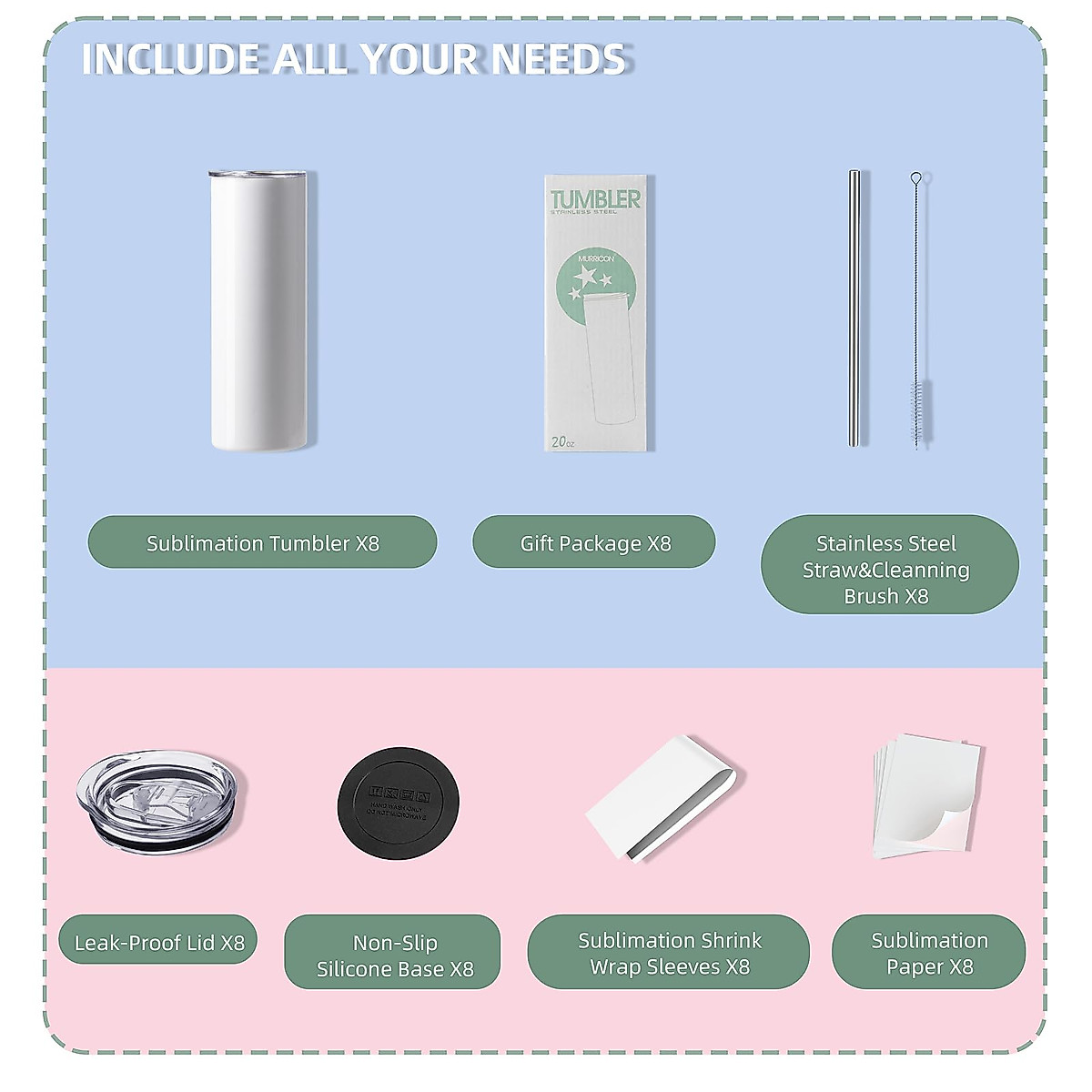 MURRICON Sublimation Tumblers 20 oz Skinny Straight,Stainless Steel Sublimation Blanks Skinny Tumbler,Double Wall Vacuum Insulated Sublimation Tumblers,with lid and straw,8 Pack