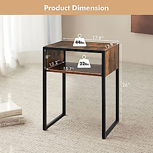 Giantex Industrial Side Table, Small End Table with Open Storage Compartment and Metal Frame, Wood Bedside Tables, Night Stand for Living Room Bedroom, Easy Assembly, Rustic Brown