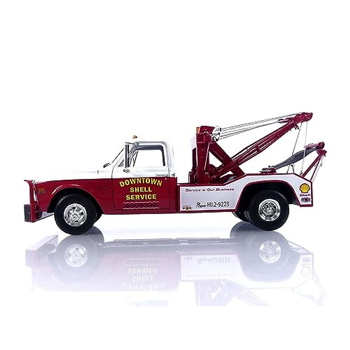 Greenlight 1972 Chevrolet C-30 Dually Wrecker Tow Truck Downtown Shell Service - Service is Our Business White and Red 1/18 Diecast Model Car