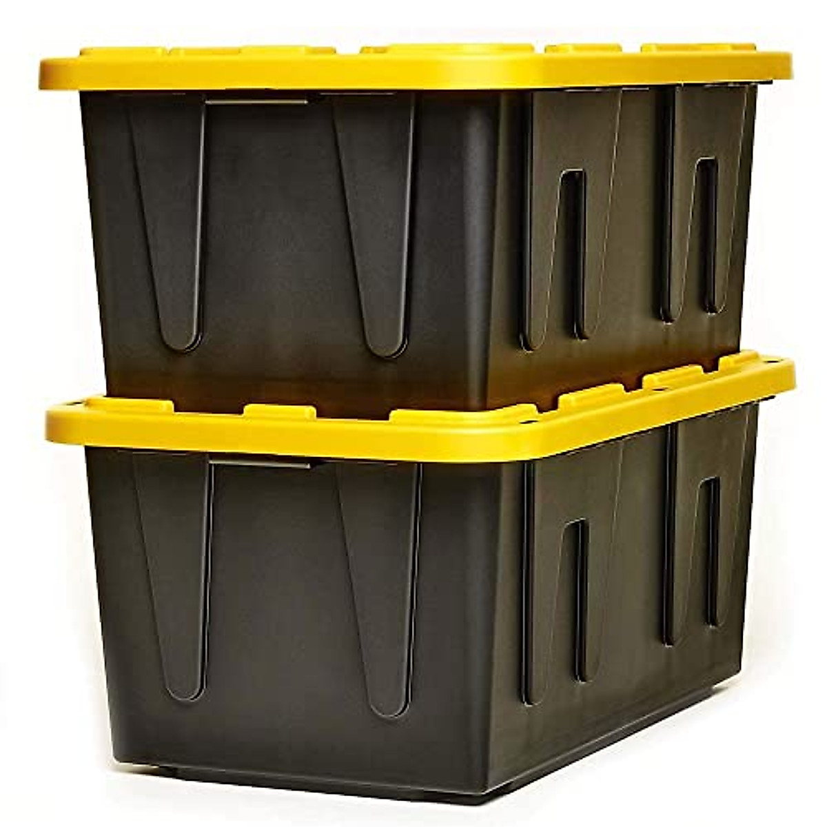 HOMZ Durabilt 27 Gallon Capacity Flip Lid Stackable Heavy Duty Tough Storage Container Tote, Black Base with Yellow Lid (2 Pack)