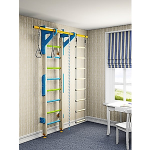 Kids Wood Playground Play Set for Floor & Ceiling / Wooden Indoor Training Gym Sport Set with Accessories Equipment: Climber, Gymnastic Swing Rings, Climbing Rope, Rope Ladder / Wallbarz Woodsy