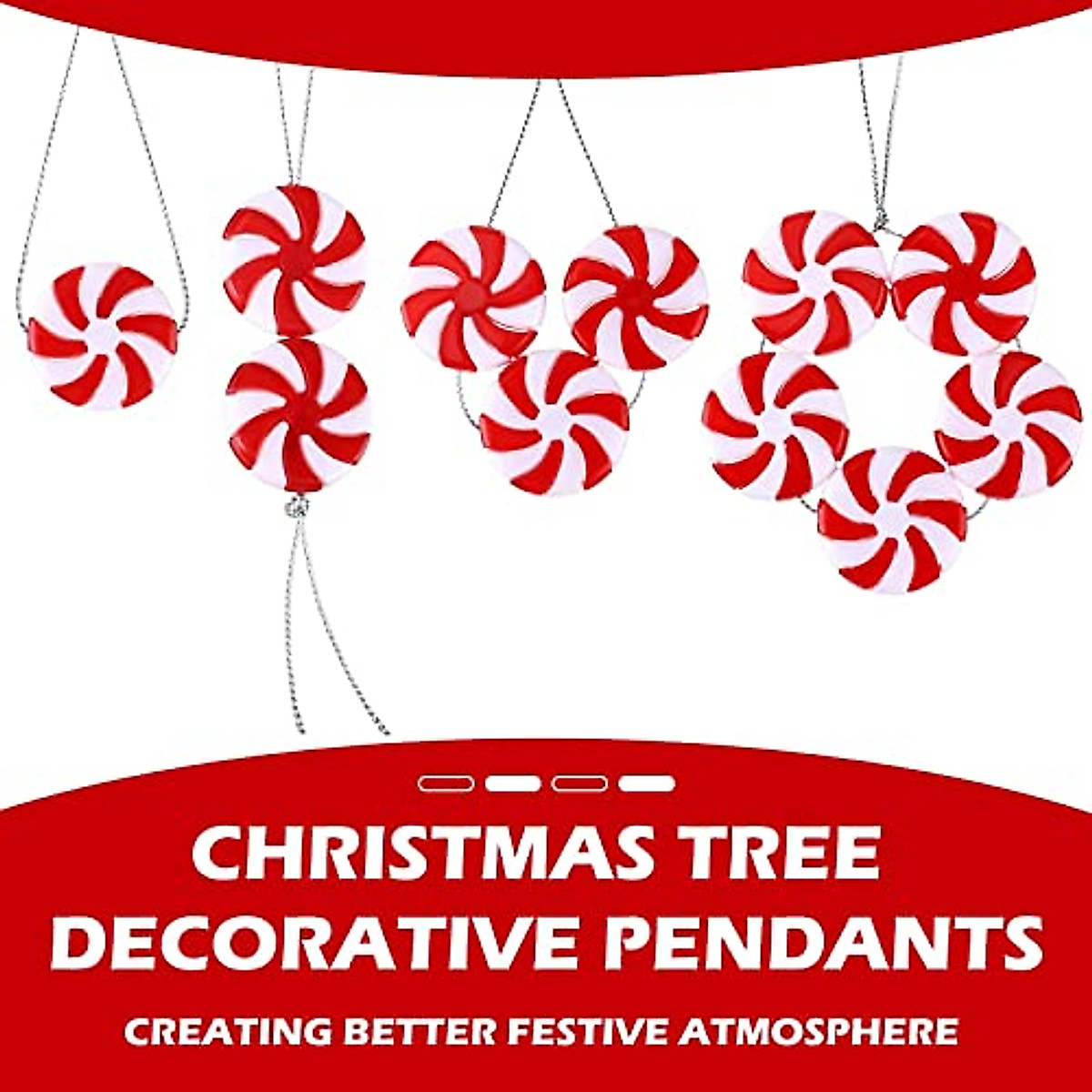 Christmas Candy Cane Ornaments Peppermint Candy Decorations Plastic Candy Canes for Crafts Mini Candy Cane Christmas Hanging Ornaments for Christmas Tree Home Decor (Round Candy Style,100 Pcs)