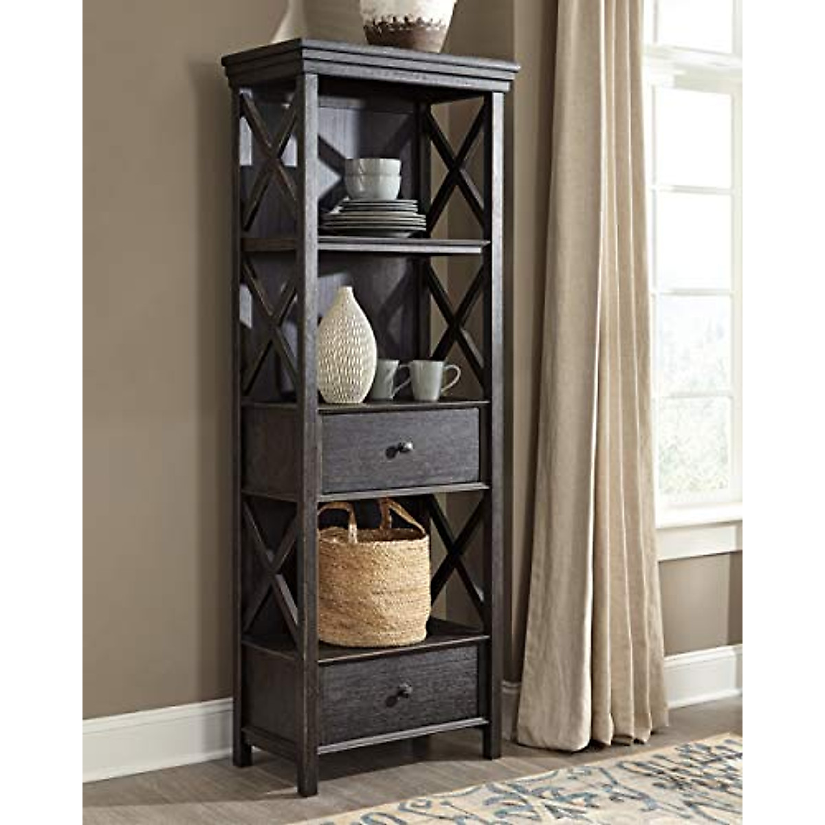 Signature Design by Ashley Tyler Creek Farmhouse 75" Display Cabinet or Bookcase with Drawers, Almost Black