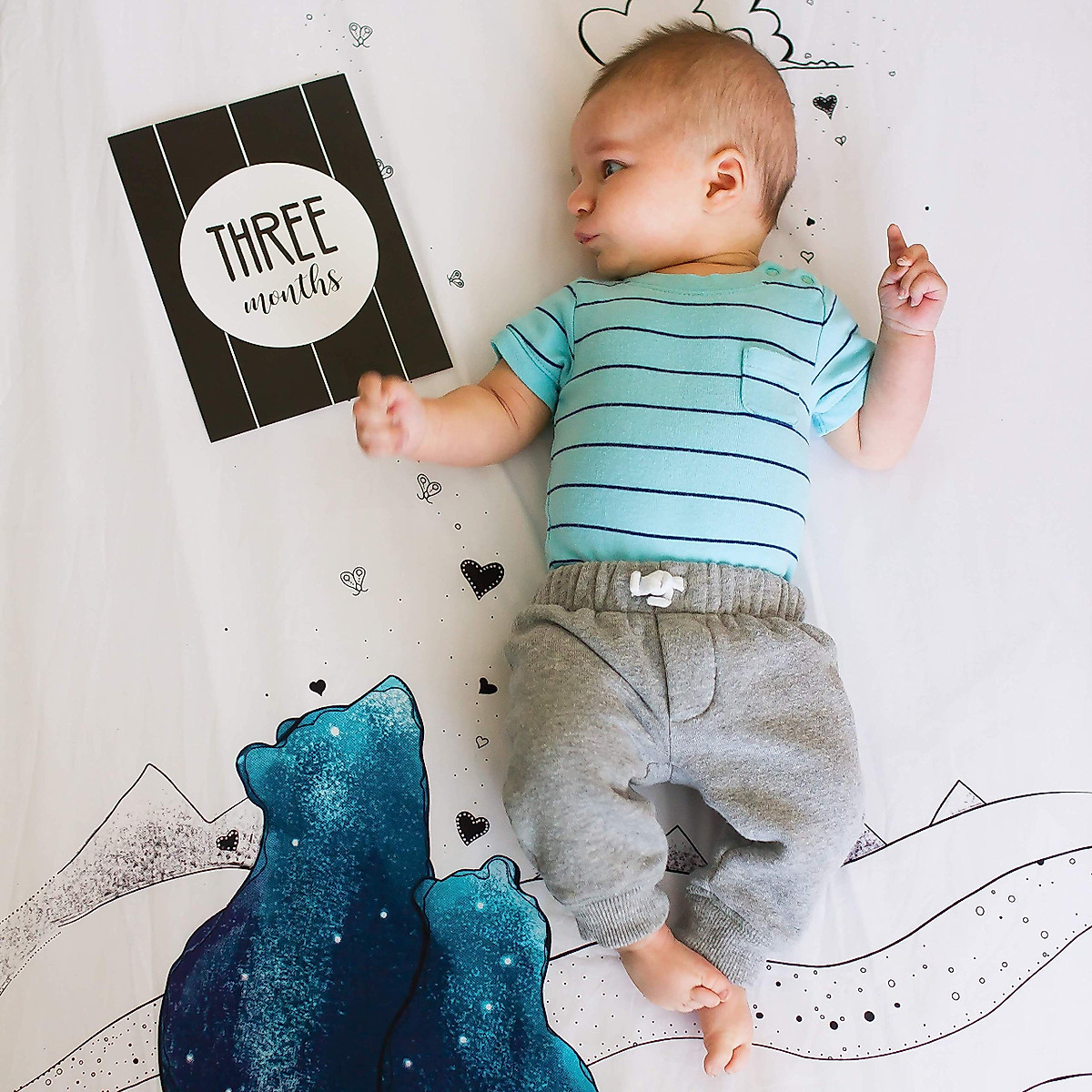 JumpOff Jo - Baby Gift Set with 100% Cotton Crib Sheet, Minky Security Blanket Lovey, and Monthly Milestone Photo Cards, Includes Gift Box - Mama Bear Blue