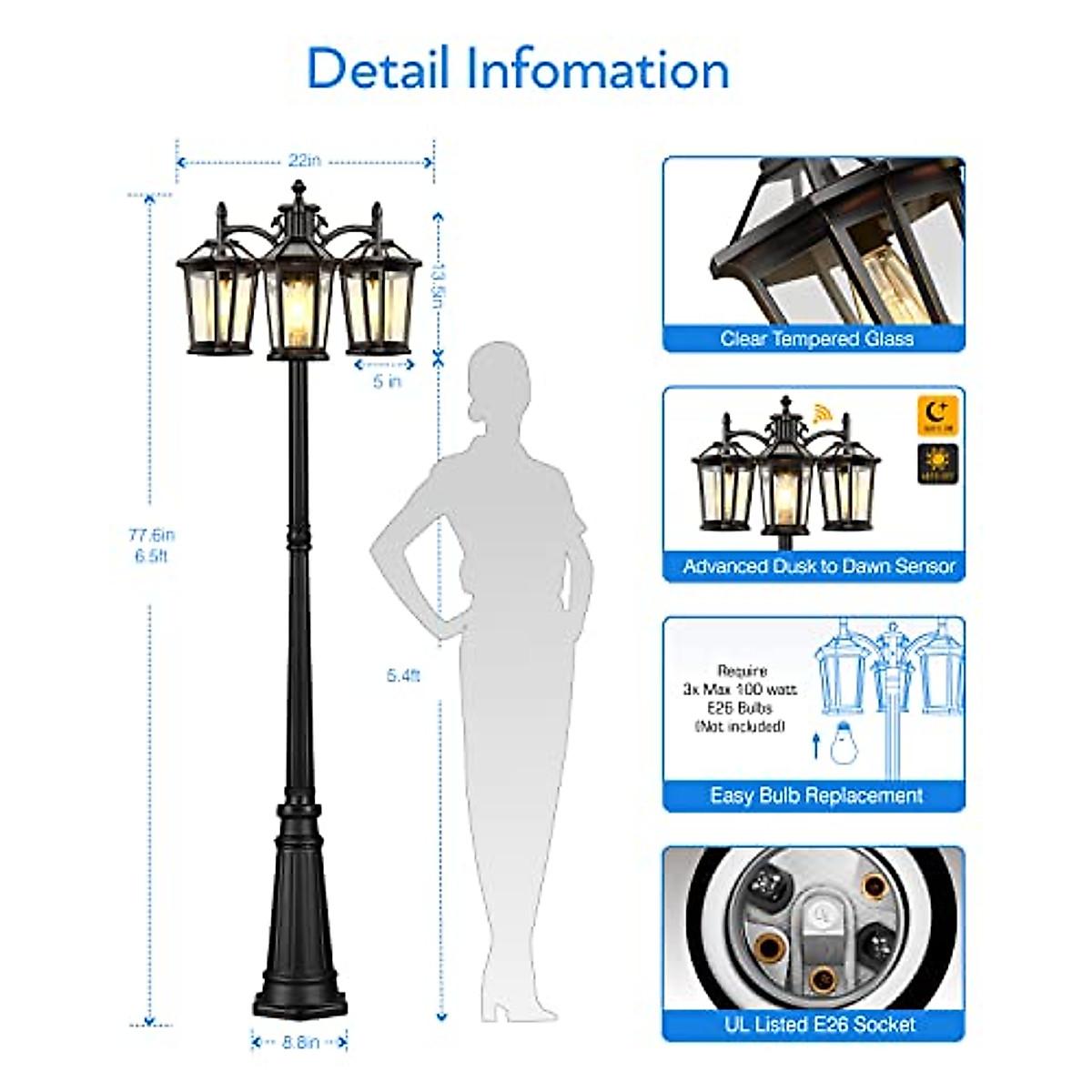 VIANIS Outdoor Lamp Post Lights with Dusk to Dawn Sensor, Triple Head Street Pole Light Fixtures Waterproof, Outside Electric Lantern Backyard Lighting, Christmas Lamp Post for Garden Patio Driveway