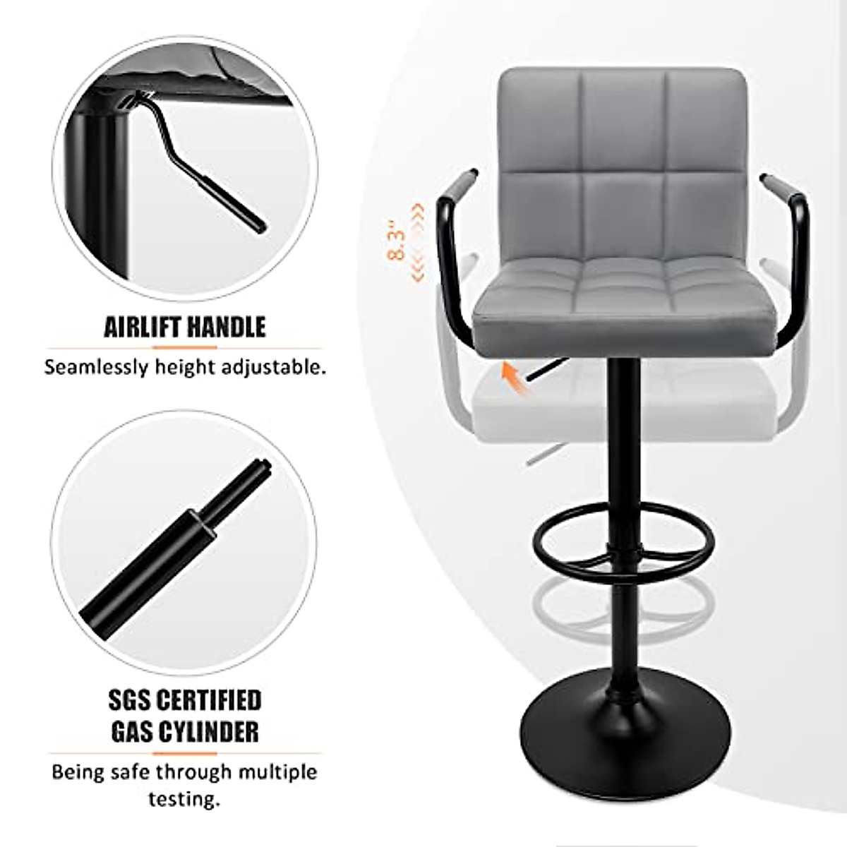 Huracan Adjustable Barstool with Armrest Swivel Bar Stools Set of 2 Counter Height Modern Bar Stool with Back Pu Leather Square Kitchen Island Barstools - Light Grey Base,2pcs