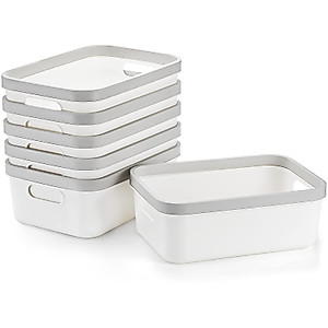 Elsjoy Set of 6 Plastic Storage Bin, 10"x 7"x 4" Classroom Storage Basket Cabinet Storage Bin with Handle, White Shelf Organizer Bins for Bathroom, Office, School