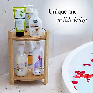 GOBAM Bamboo Shower Corner Caddy, Medium - 2 Tier Standing Shower Stand for Shampoo, Conditioner, Lotion, Soap - Caddy Organizer for Kitchen, Bedroom, or Office